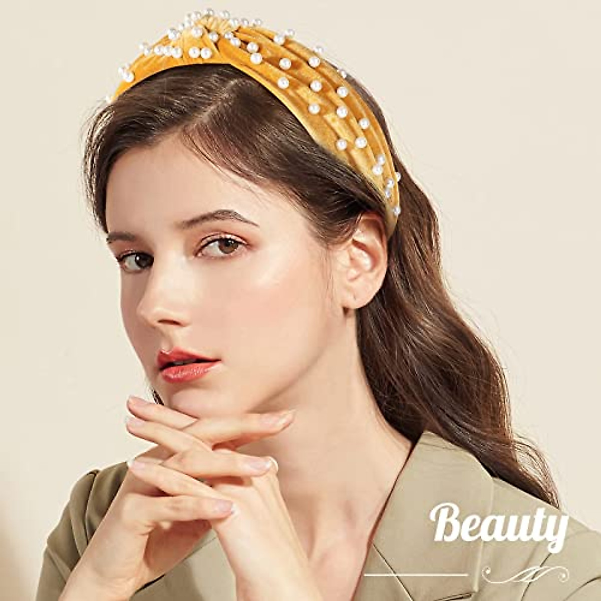 Allucho Pearl Headbands for Women, Beaded Headband Non Slip Wide Top Knot Head Bands, Black White Pink Gold Headband with Pearls Hair Accessories for Women and Girls Daily Festival Gifts