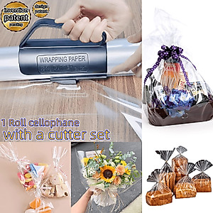 THMORT Clear Cellophane Wrap Roll with a Cutter Dispenser Set for Gift Wrap 16 Inch X 100 Feet Fruit Food Package Thick Cellophane Roll for Basket Gift Arts Craft wrapping Cellophane