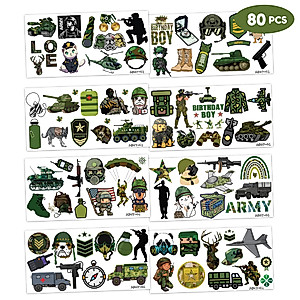 Army Temporary Tattoos - Memorial Day 80PCS Military Camouflage, Camo, Veterans Day Themed Stickers for Kids Birthday Party Supplies, Decorations, Favors and Prizes - Cute Gifts for Boys and Girls