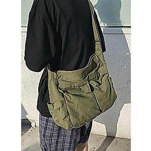 Women Men Canvas Messenger Bag Large Hobo Bag with Multiple Pockets Canvas Crossbody Shoulder Bag Messenger Tote Bag Handbag