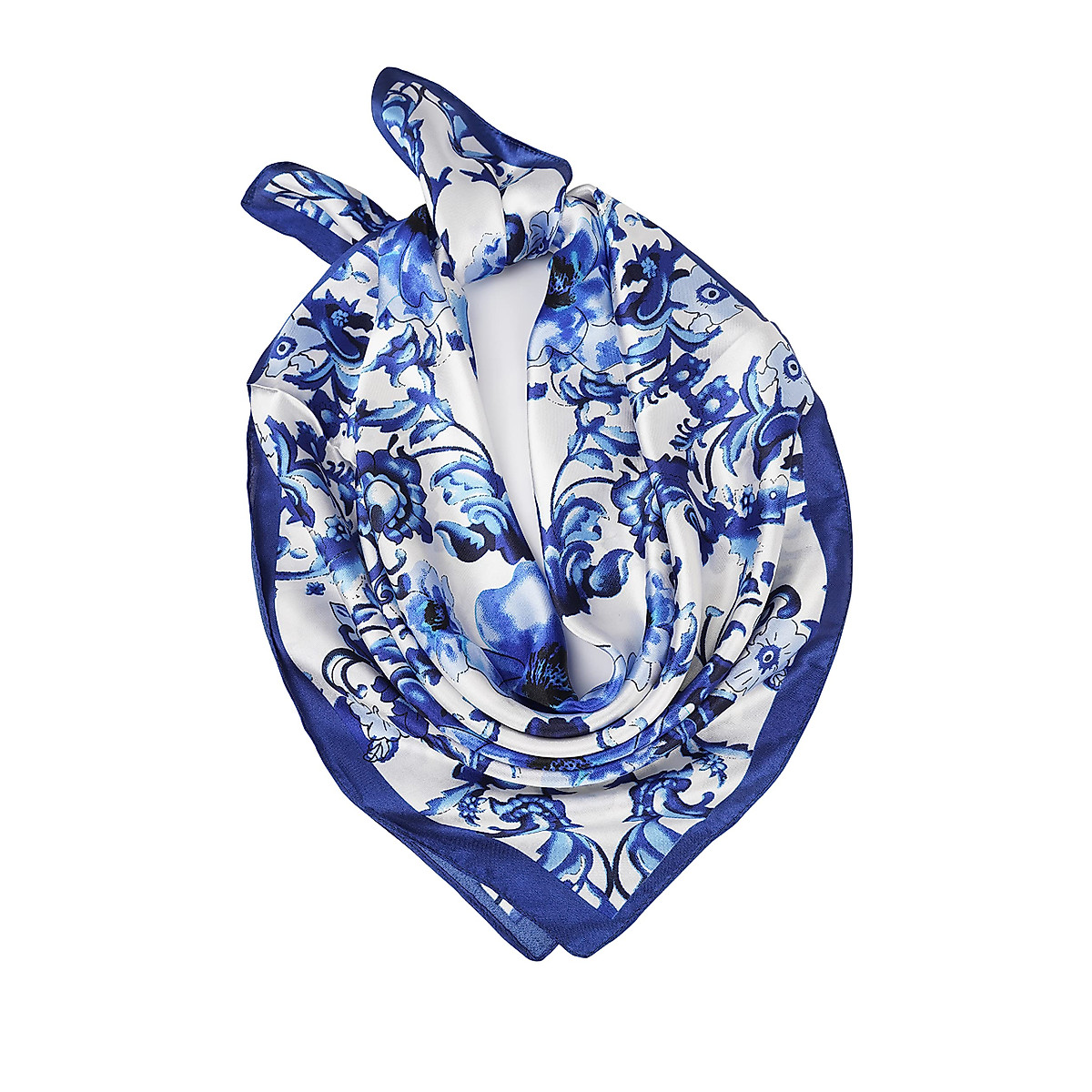 YOUR SMILE 100% Silk Scarf Women’s Fashion Pattern Large Square Satin Headscarf Headdress 24''x24'',Blue Flower