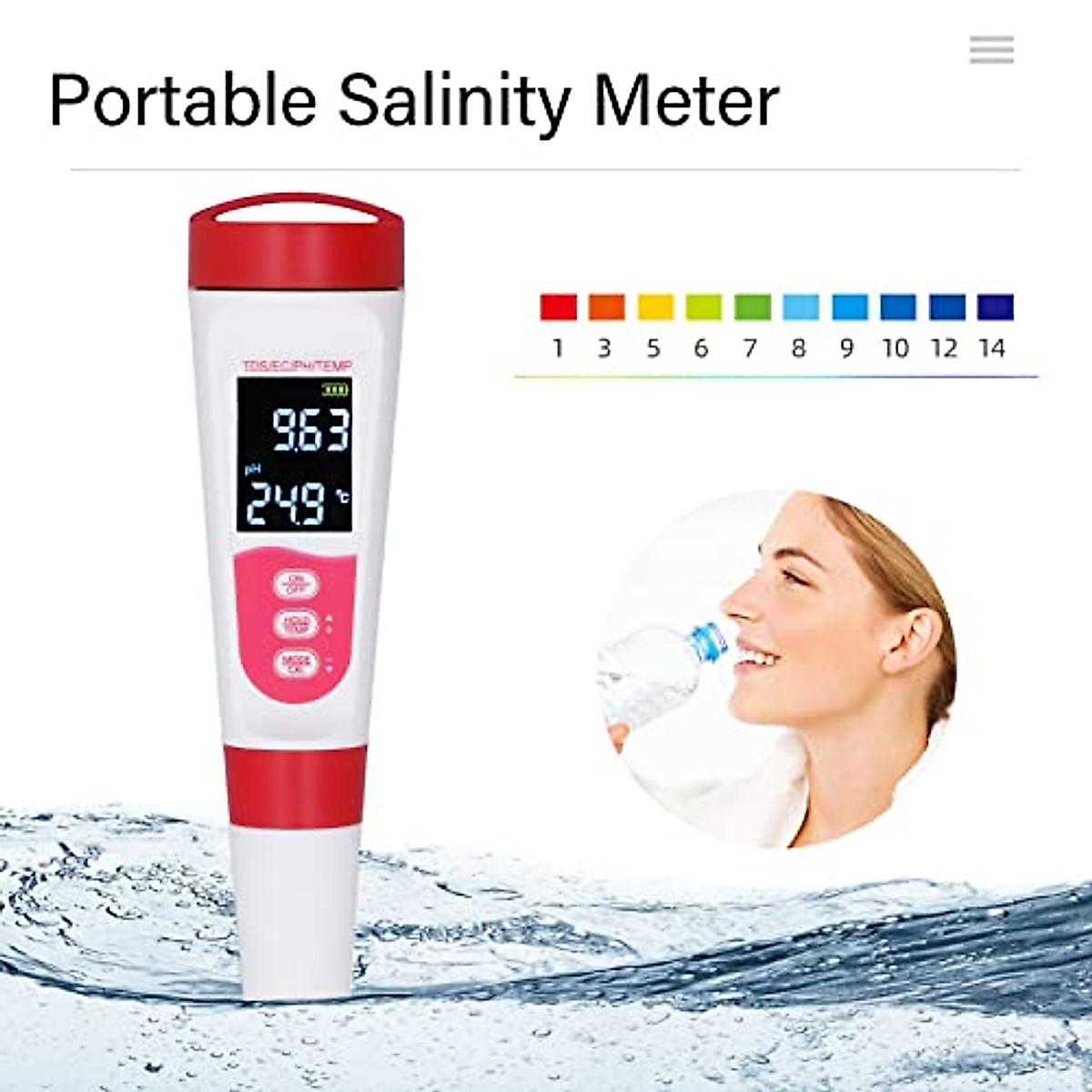 Water Quality Test Pen Glass Electrode Multifunctional Backlit Display Water Quality Tester High Sensitivity for Swimming Pool