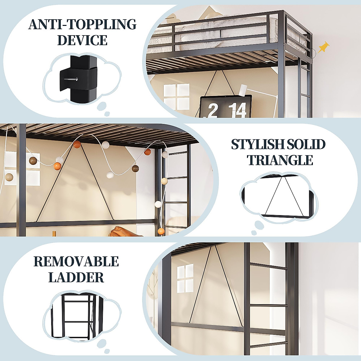 SUNLEI Loft Bed Twin Size with a Removable Ladder, Metal Twin Loft Bed with Safety Guard, Space-Saving Bed Frame, Noise Free for Small Bedroom, Black