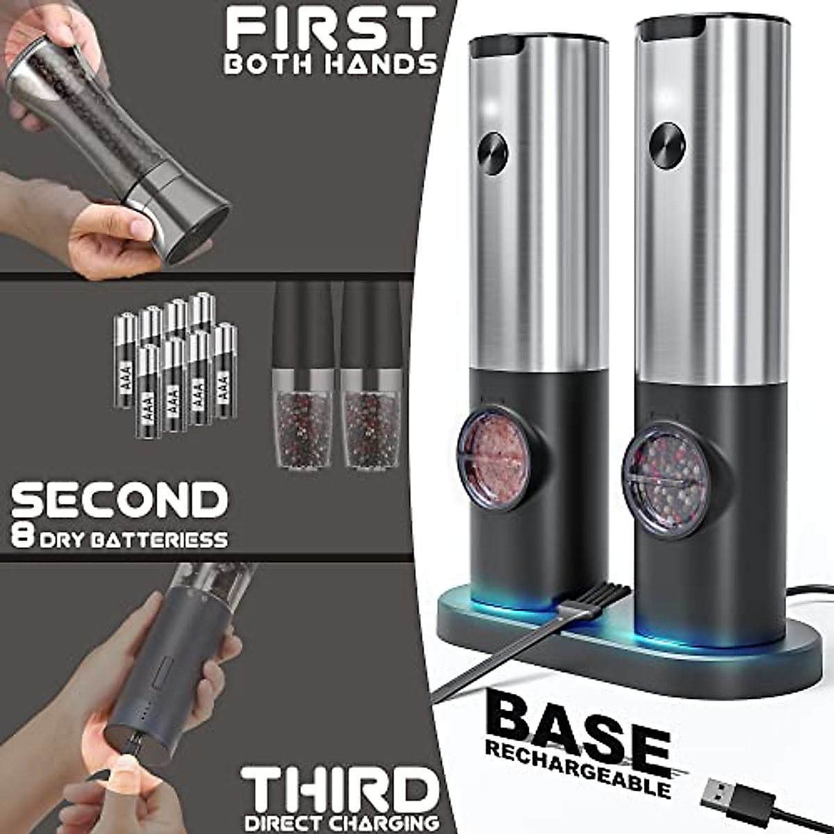 Electric Salt and Pepper Grinder Set with Rechargeable Base, Stainless Steel Salt and Pepper Grinders/Mill with Adjustable Coarseness, Refillable Salt and Pepper Shakers with LED Light, a Pair