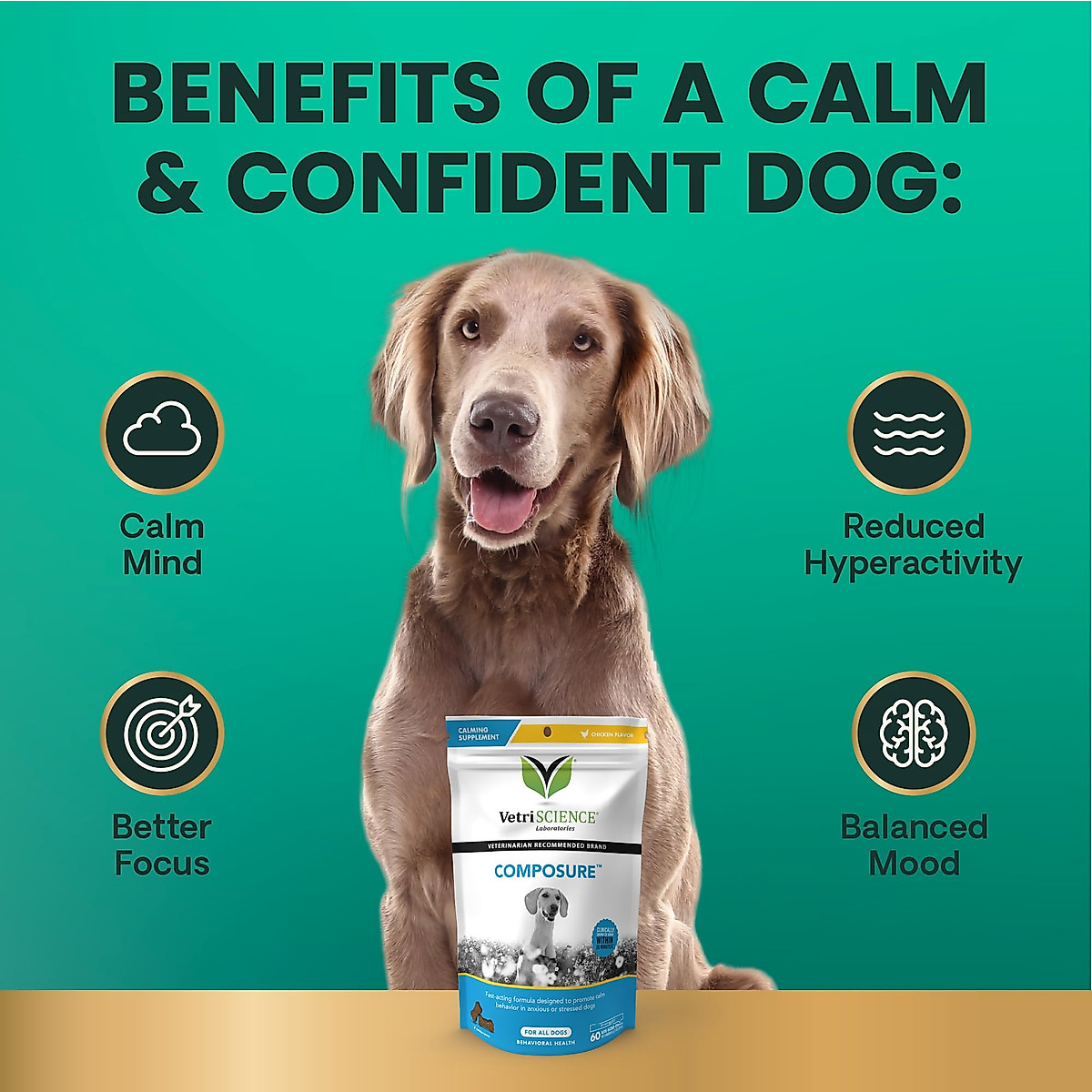 VetriScience Composure Calming Chews for Dogs - Clinically Proven Dog Anxiety Relief Supplement with Colostrum, L-Theanine & Vitamin B1 for Stress, Storms, Separation & More, 120 Count, Chicken Flavor
