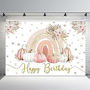 MEHOFOND Autumn Boho Little Pumpkin Backdrop Girl Happy Birthday Party Banner Decorations Thanksgiving Bohemia Rainbow Blush Pink Floral Photography Background 1st Bday Cake Smash Table Supplies 7x5ft