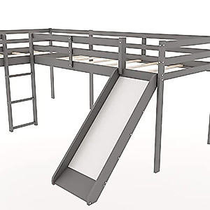 TARTOP Twin Loft Bed for Kids, L-Shape Loft Beds with Slide, Low Loft Bed Frame Corner Bunk Bed for Kids, Wooden Loft Bed for Girls Boys Teens,Gray