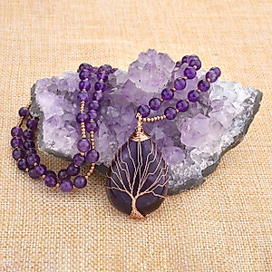 Top Plaza Healing Crystal Amethyst Necklace Natural Stone Beads Tree Life Wire Wrapped Teardrop Gemstone Pendant Jewelry for Women for Mom