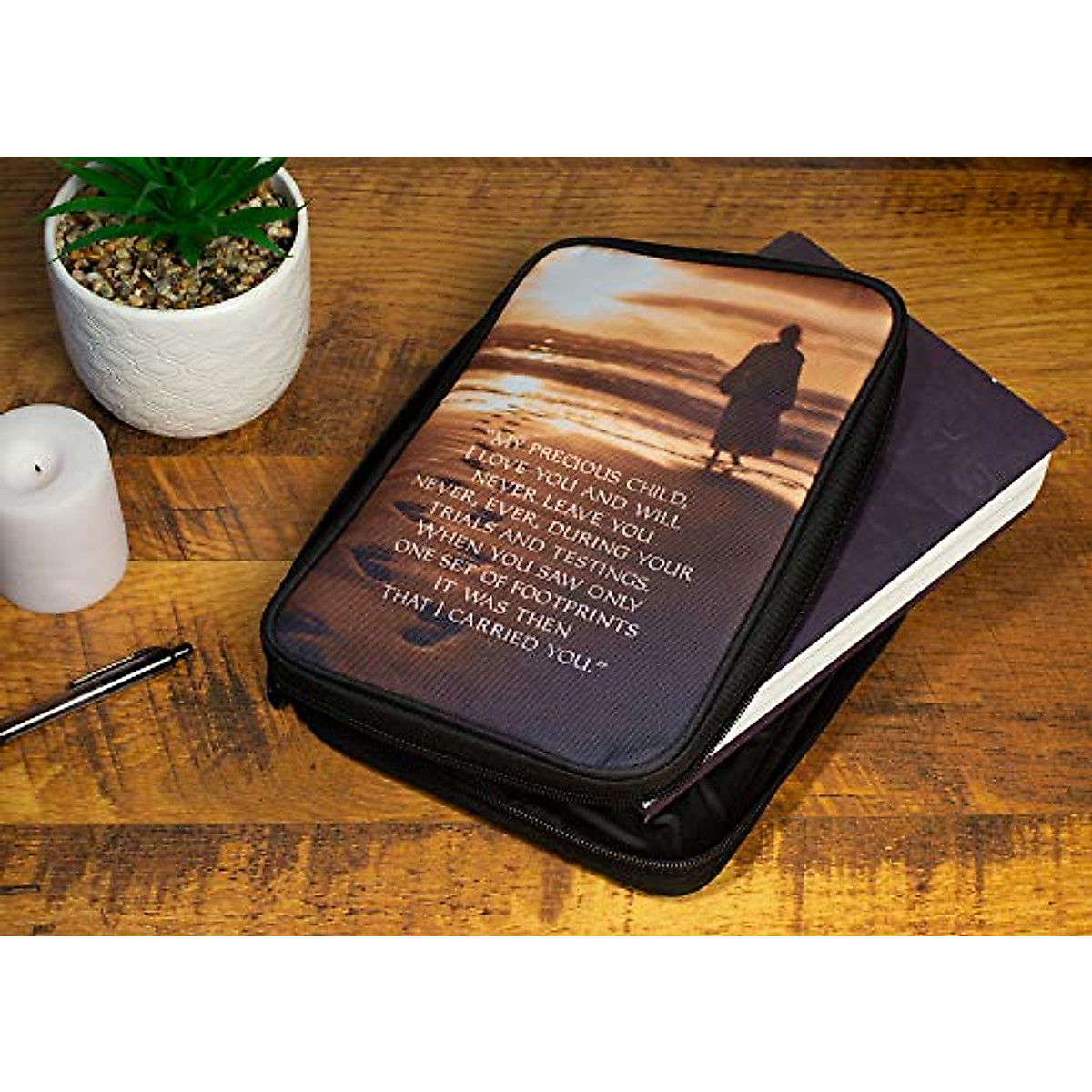 Footprints Golden Brown Large Print Nylon Zippered Bible Case Cover