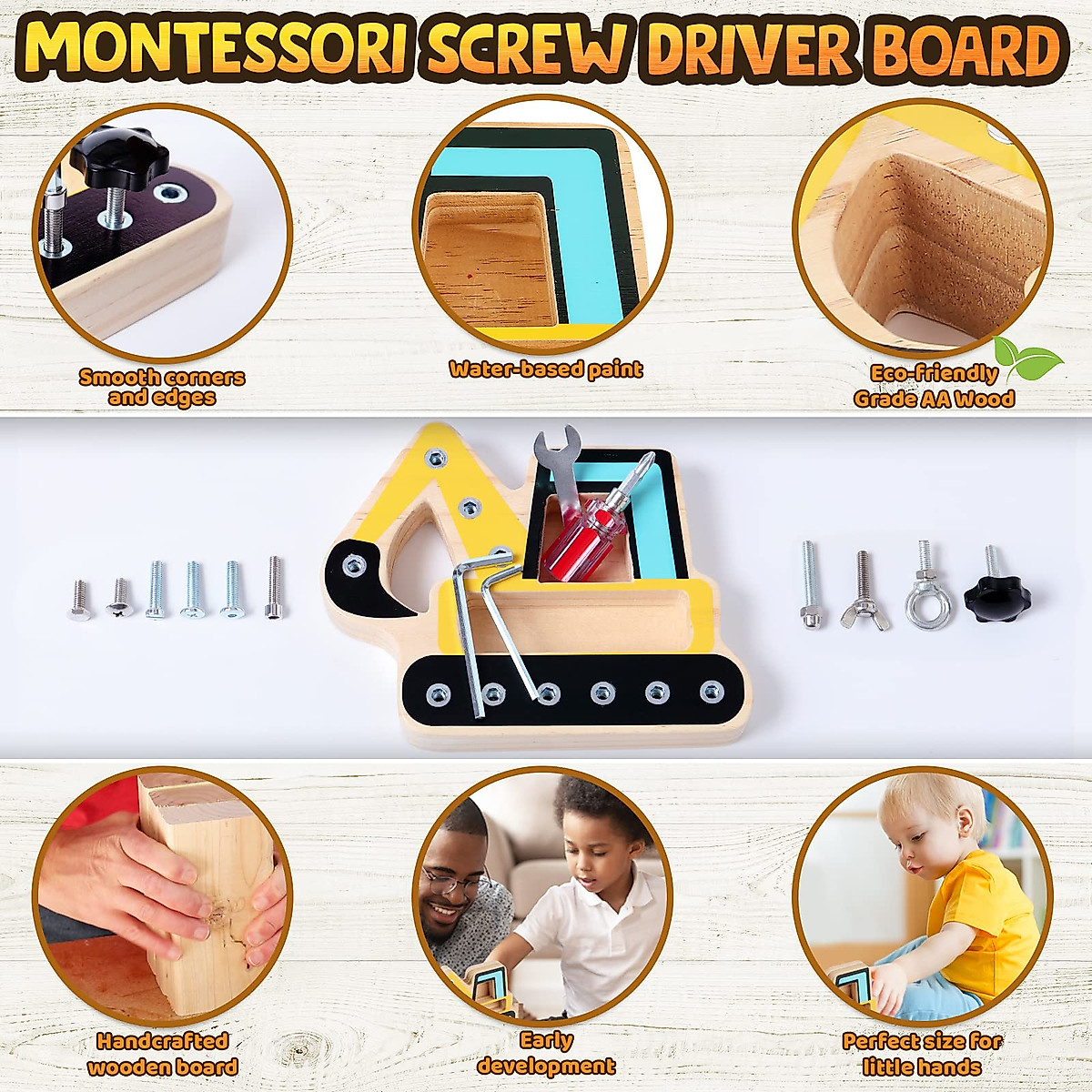 CozyBomB™ Screwdriver Board Set for Kids - Montessori Preschool Toys for 1 Year Old Learning Fine Motor Skills Educational Screw Board Toy for 3+ Year Old Sensory STEM Wooden Tool Set Screwdriver