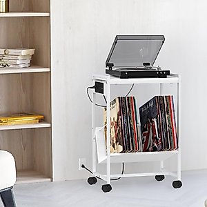 CADUKE White Record Player Stand with Vinyl Storage Turntable Stand with Record Storage 2 Tier Modern Vinyl Record Table Stand End Table with Charging Station for Living Room Bedroom
