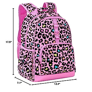 Choco Mocha Cheetah Backpack for Girls Backpack Elementary School Backpack for Kids Backpacks for Girls 17 inch Backpack for Girls 2nd 3rd Grade Leopard Bookbag School Bag 6-8 with Chest Strap Pink