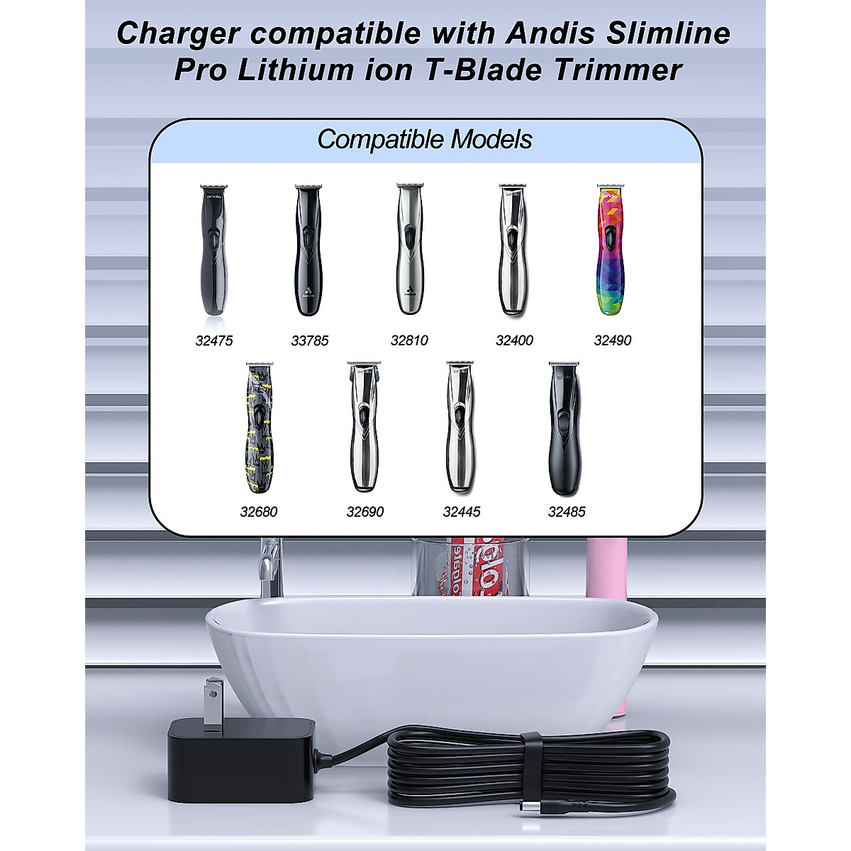 VHBW 5V Charger for Andis Slimline Pro Lithium ion T-Blade Trimmer 32810 33785 32400 32475 32490 32680 32690 32445 32485 Replacement 4.9V Andis Trimmer Power Cord