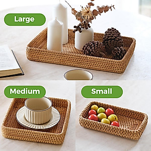 Rattan Serving Tray, Set of 3 Rectangle Woven Tray, Wicker Storage Basket Wicker Baskets for Organizing, Natural Wicker Decorative Serving Baskets for Organizing Tabletop Bathroom Kitchen Counter