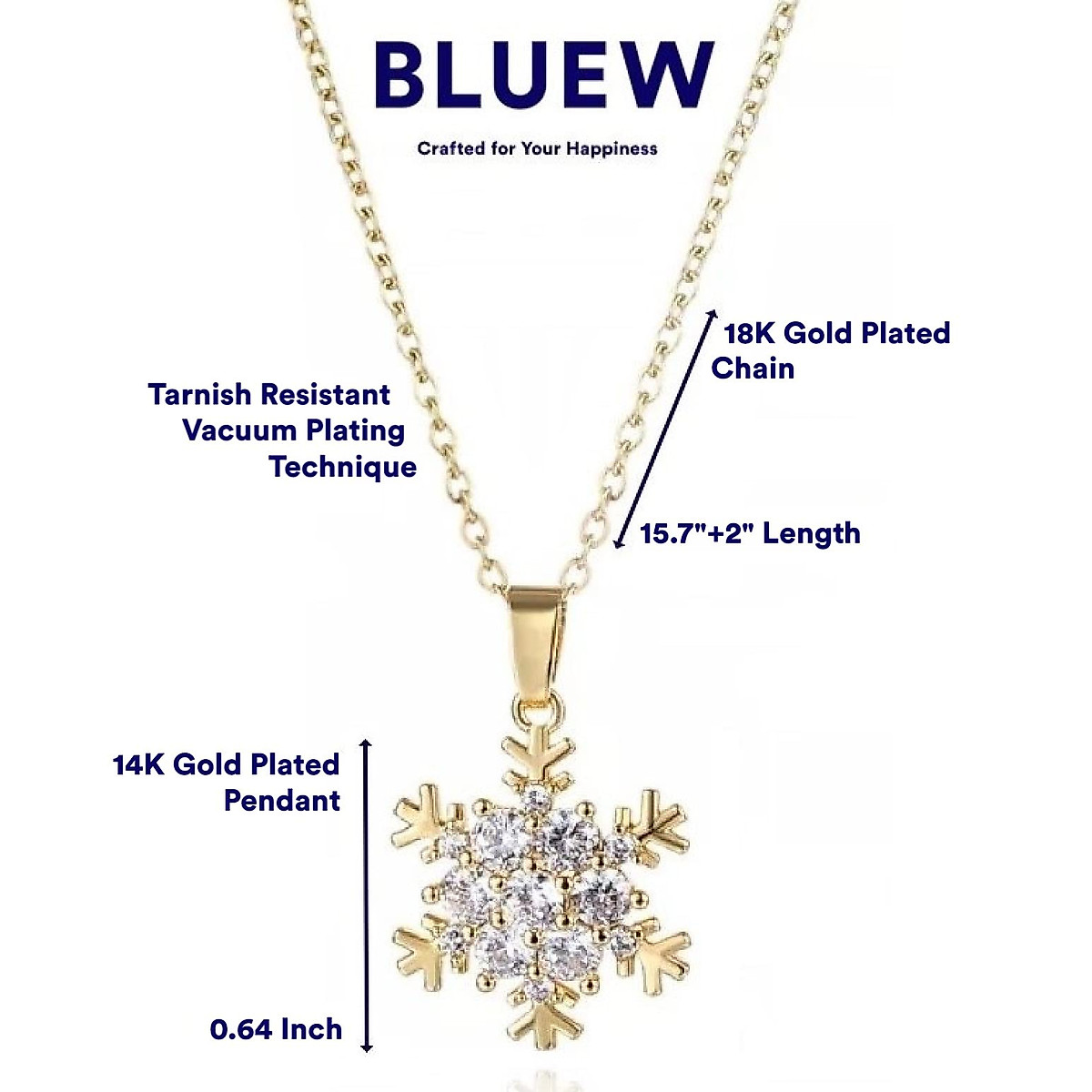 BLUEW Snowflake Pendant Necklace, Gold Plated Stainless Steel Dainty Handmade Jewelry for Women, Sparkly Cubic Zirconia, Diamond Crystal, Stylish Design, Delicate - Gift for Her