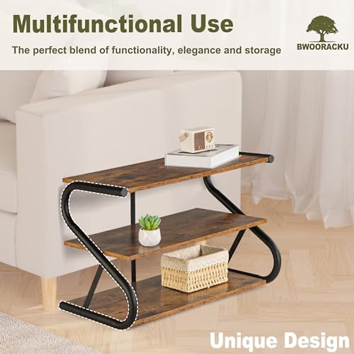 BWOORACKU Shoe Rack - Multi-Functional 3-Tier Z-Shaped Wooden Storage Organizer for Shoes, Entryway to Garage & More(Rustic)