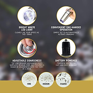 Gravity Electric Pepper Grinder or Salt Mill | White LED Light | Easy One-Handed Automatic Use | Battery Powered | Adjustable Coarseness | Brushed Stainless Steel | By Westoak