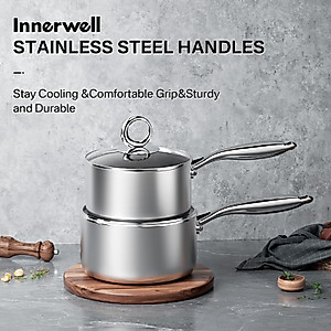 Innerwell Stainless Steel Sauce Pan with Lid 2Qt Nonstick Ceramics Sauce Pot Kitchen Cooking Pot Tri-Ply Stainless Steel Sauce Pan Compatible W/All Cooktops