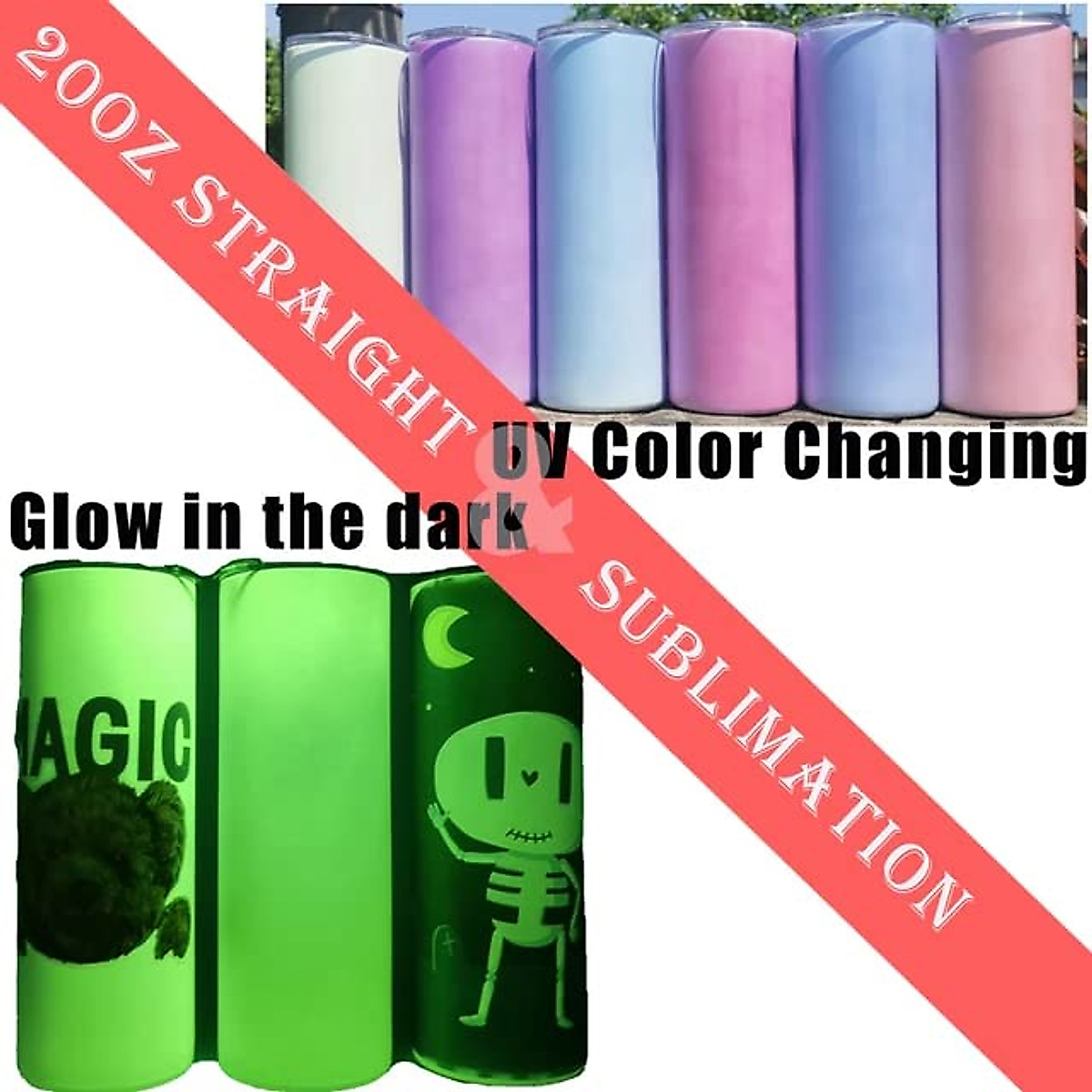 Gteller UV Change Color Sublimation Skinny Tumbler Glow In The Dark, Double Wall Stainless Steel Vacuum Insulated Slim Staight Travel Mug (Blue)