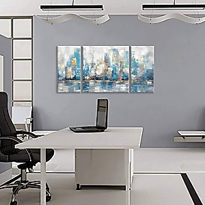 Contemporary Wall Art Abstract Picture Blue Modern City Painting Artwork Hand Painted Modern Canvas Living Room (24'' x 24'' + 24'' x 12'' x 2 Panels)