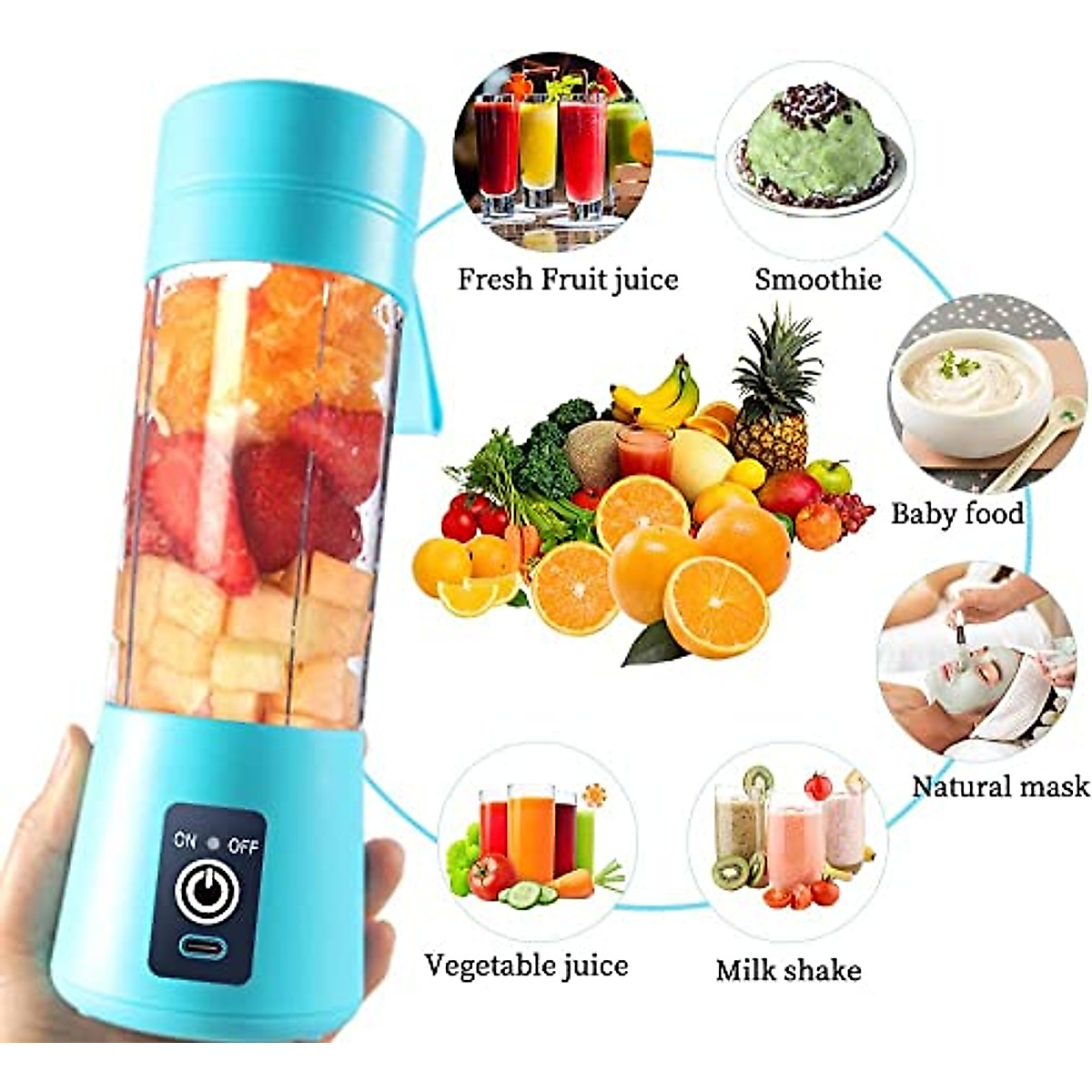 Portable Blender, Personal Blender for Shakes and Smoothies, Blender shake Smoothie for Kitchen Personal Size Blenders with Rechargeable USB, 380Ml Traveling Fruit Veggie Juicer Cup With 6 Blades (Blue)