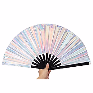 Gionforsy 1pcs Rave Hand Fan Bamboo Holding Hand Fan Large Folding Fan with Bright Color Fabric Folding Fan for Festival (1PC-Style4 Silver)
