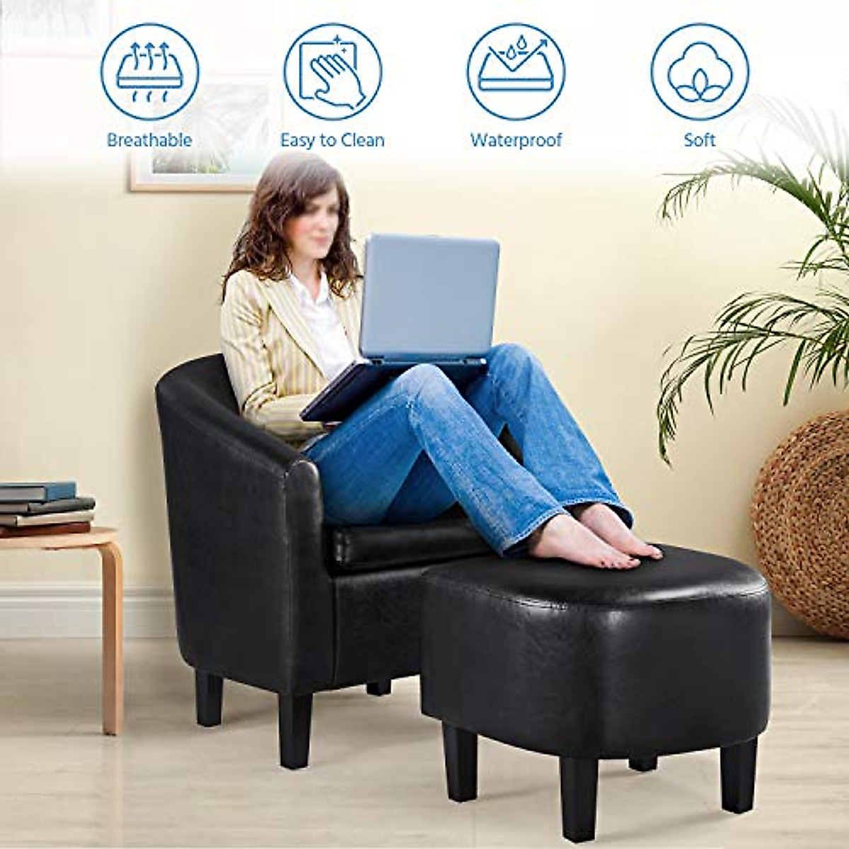 Yaheetech Lounge Chair Modern Chaise Lounge Armchair with Footstool Faux Leather Lounge Reading Chair with Footrest Black