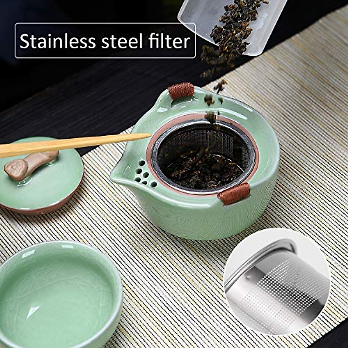 Travel Ceramic Tea Pot Set, Chinese Kung Fu Teapot 1 Pot 2 Mini Cup Porcelain Gongfu Teacups with Infuser Portable Bag All in One for Picnic Outdoor Camping Hotel