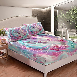 Unicorn Twin Size Bedding Sets 3 PCS Kids Cartoon Unicorn Fitted Sheet for Girls Bedroom Pink Unicorn Rose Bed Set with 1 Pillowcase,Rainbow Deep Pocket+1 Flat Sheet