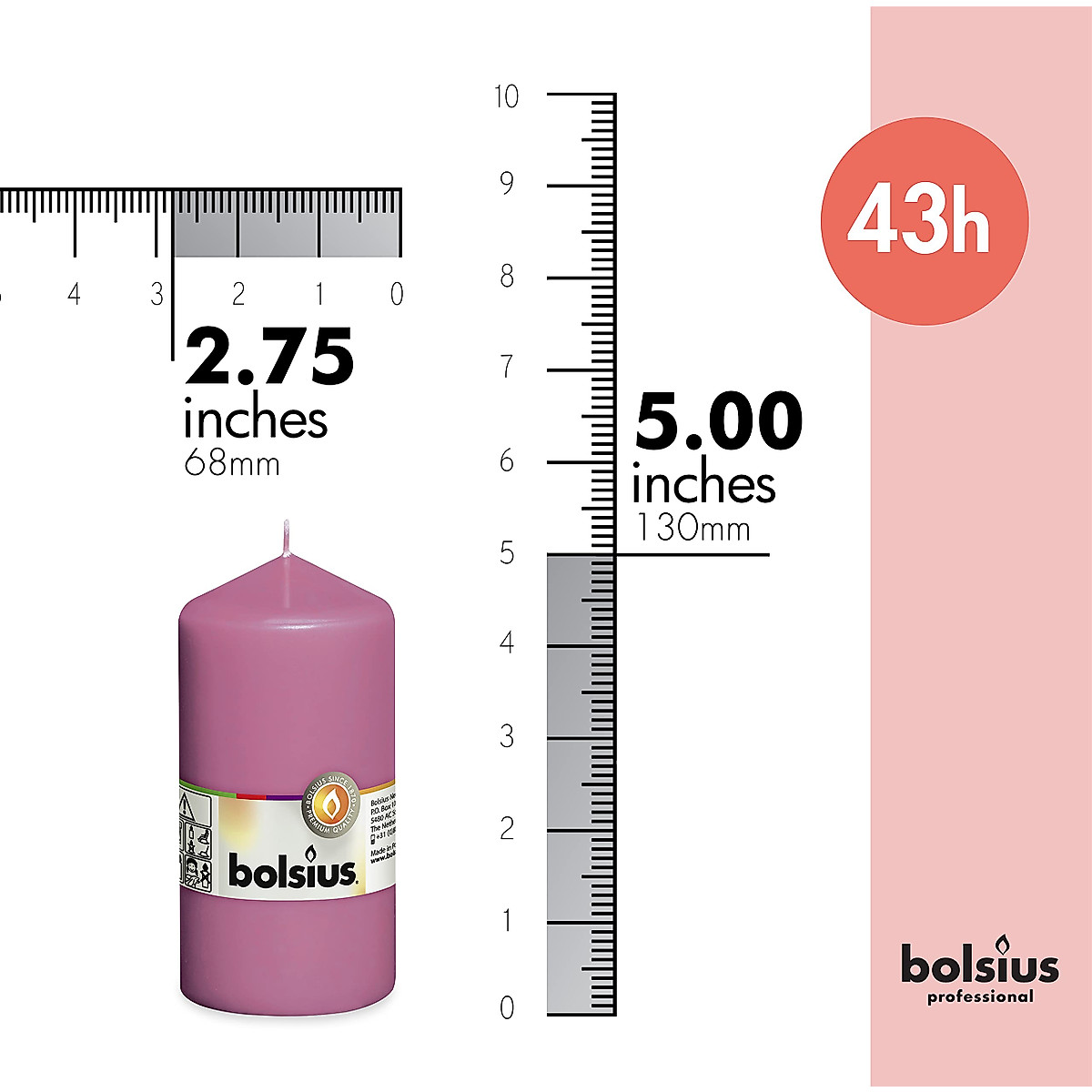 BOLSIUS 8 Pink Pillar Candles - 2.75 x 5 Inches - Premium European Quality - Individually Wrapped - 43 Hours Burn Time - Dripless & Smokeless - Unscented Dinner, Wedding, Party, & Restaurant Candles