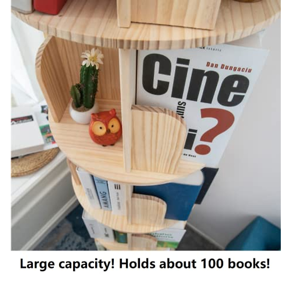 Rotating Bookshelf 360 Display 4 Tier Floor Standing Bookcase Storage Rack for Kids&Adults Solid Wood Bookshelf Organizer