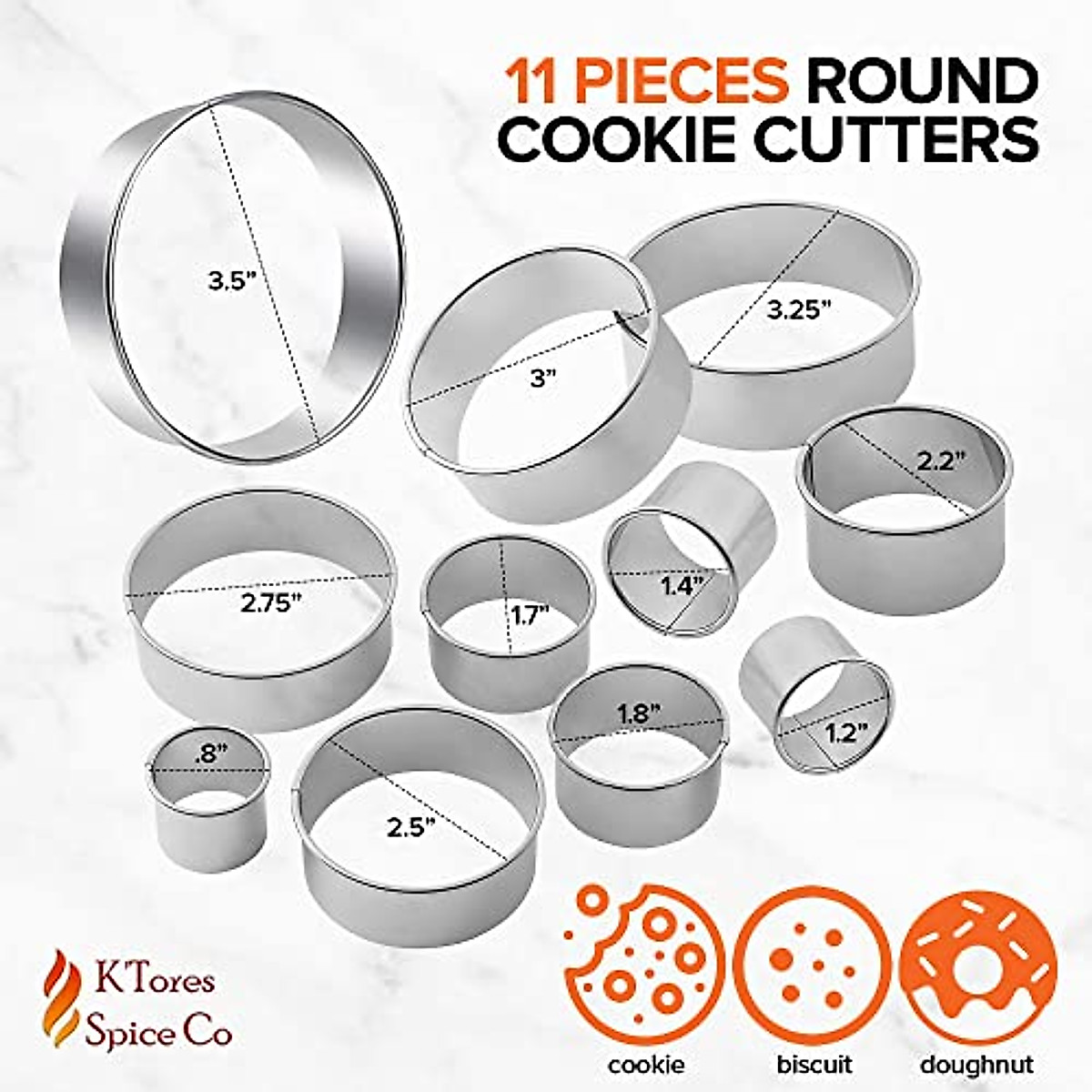 K-Tores Stainless Steel, Round - Cookie Cutters Baking Pastry Cutter Set - Strong Circle Biscuit, Cookie Cutter Set - 11 Cookie Cutter Sizes & Shapes