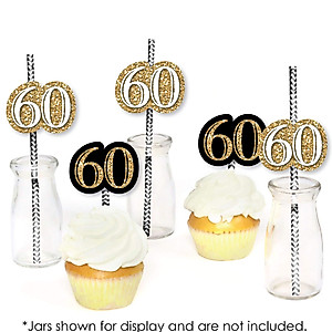 Adult 60th Birthday - Gold - Paper Straw Decor - Birthday Party Striped Decorative Straws - Set of 24