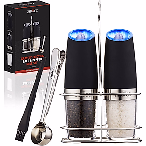 (2 Pack) Gravity Electric Salt and Pepper Grinder Set Battery Operated One Hand Automatic Operation, Adjustable Coarseness Mill Grinders Shakers LED Light, Kitchen Gadgets Gifts-Black
