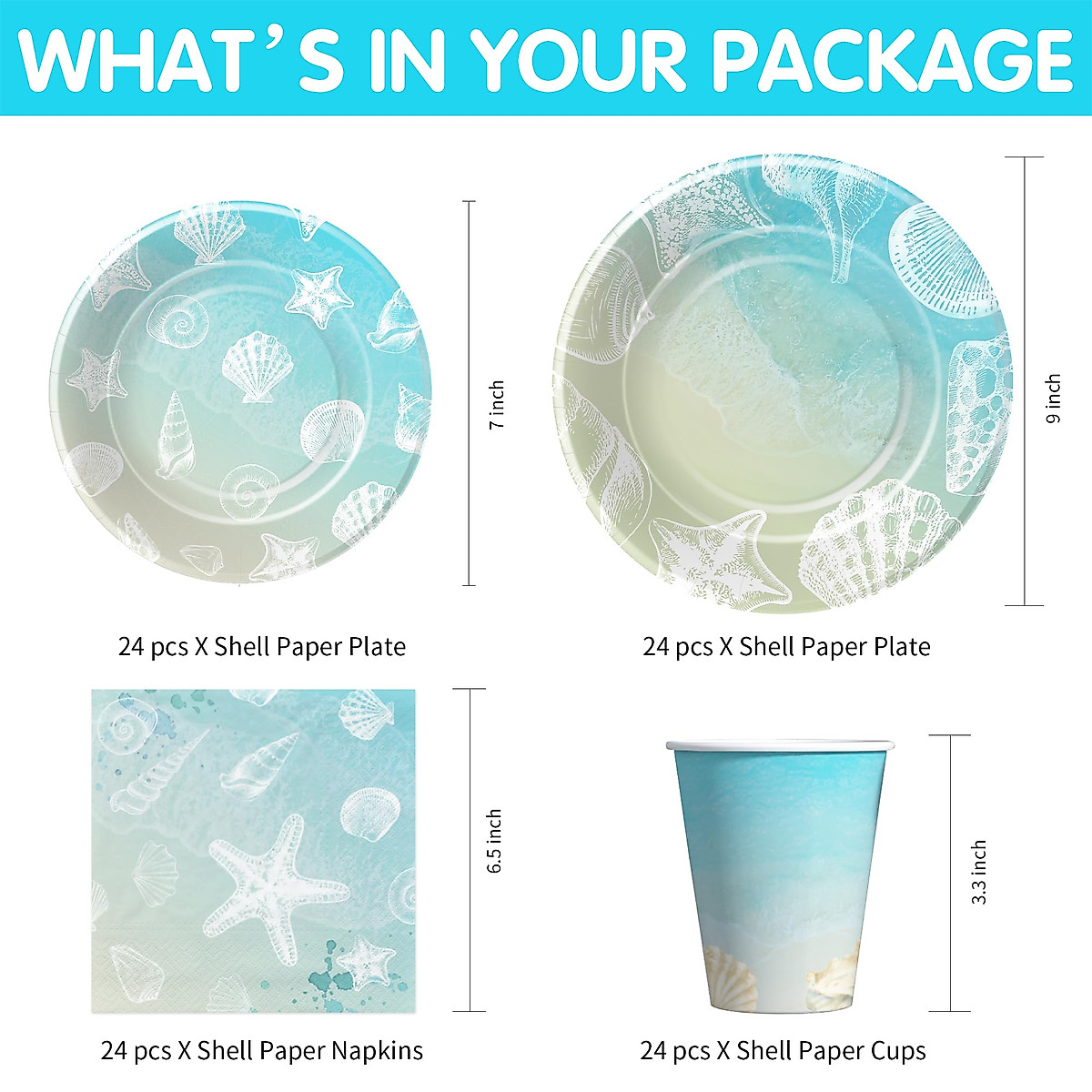 HIPVVILD Seashell Beach Party Decorations Dinnerware - Beach Seashell Party Supplies, Sea Shell Plates, Cups, Napkins, Sea Shell Party Tableware For Birthday Baby Shower Wedding Party | Serve 24