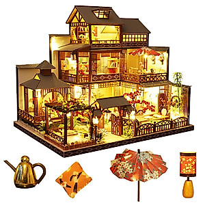 SYW Japanese Style Retro Villa Miniature Dollhouse with Furniture, DIY Miniature Dollhouse Kit with LED Light, 1:24 Scale Creative Room for Birthday Xmas Gift