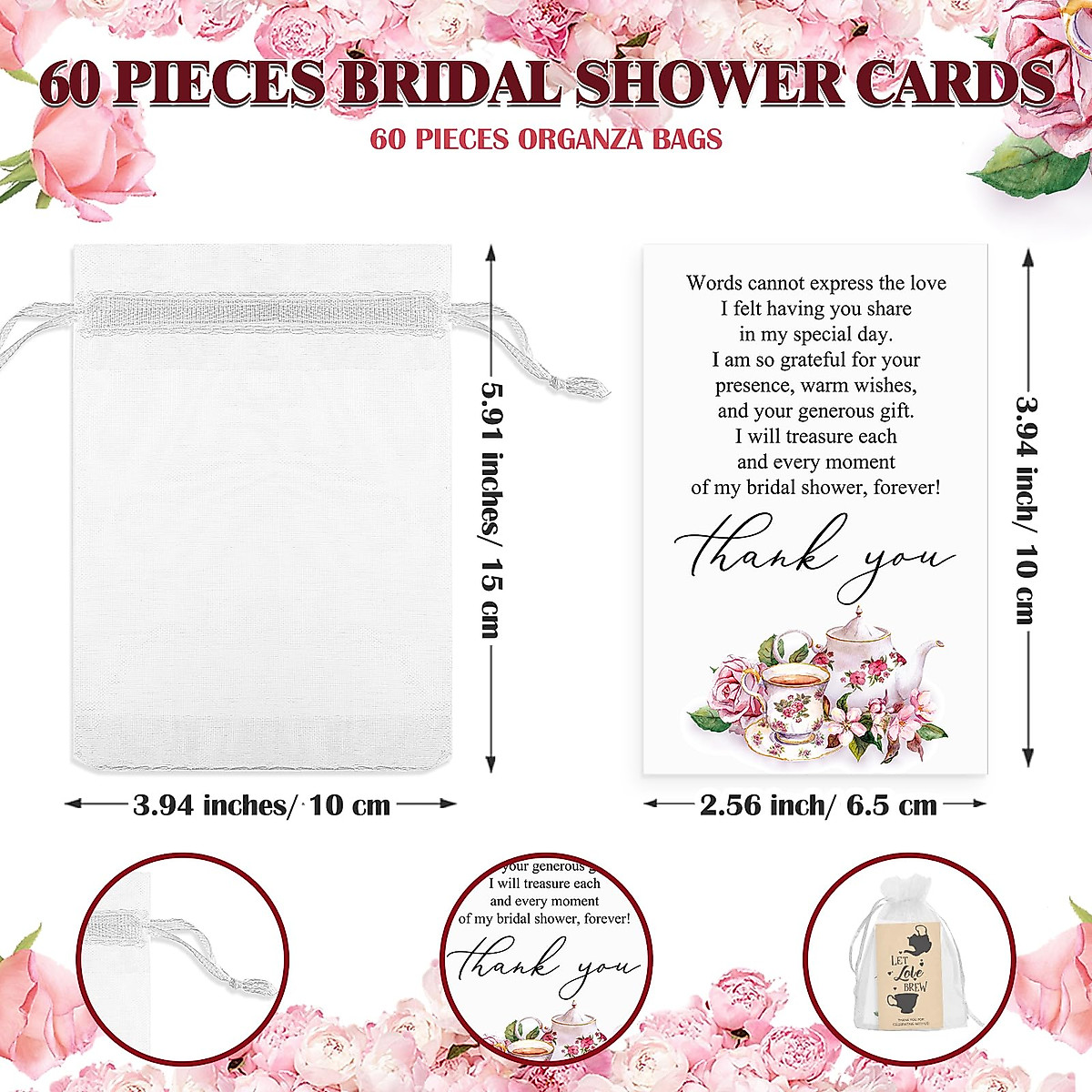 ReliThick 30 Sets Wedding Tea Party Favors for Guests Tea Bags Let Love Brew Tea Packets Self Adhesive Kraft Paper Envelopes Thank You Card Organza Bag for Bridal Shower Party Favors, No Tea(30 Sets)