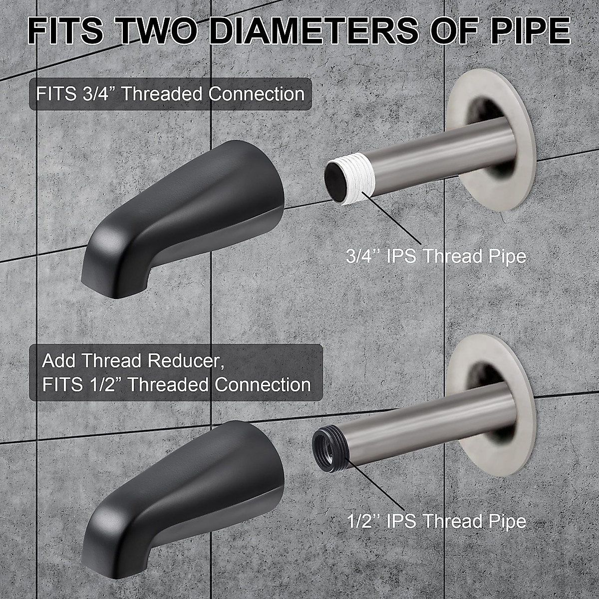 Dreyoo Universal Bath Tub Spout with Adapter Bathroom Bathtub Faucet Spout Without Diverter, Fits for 1/2'', 3/4'' IPS Inside Thread Connection and Tub/Shower Faucet Brands 5" Length(Matte Black)