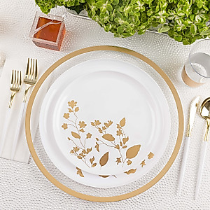 PLASTICPRO [30 Pack 6.3''] White Plastic Party Plates With Gold Garden Dseign Edge Collection Premium heavyweight Elegant Disposable Tableware Dishes
