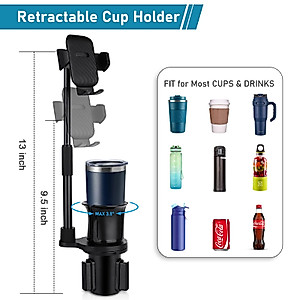 Uncaddn 2 in 1 Cup Phone Holder for Car, Stretchable Long Neck, Compatible with iPhone 14 Pro Max, Galaxy S10 Plus, and More