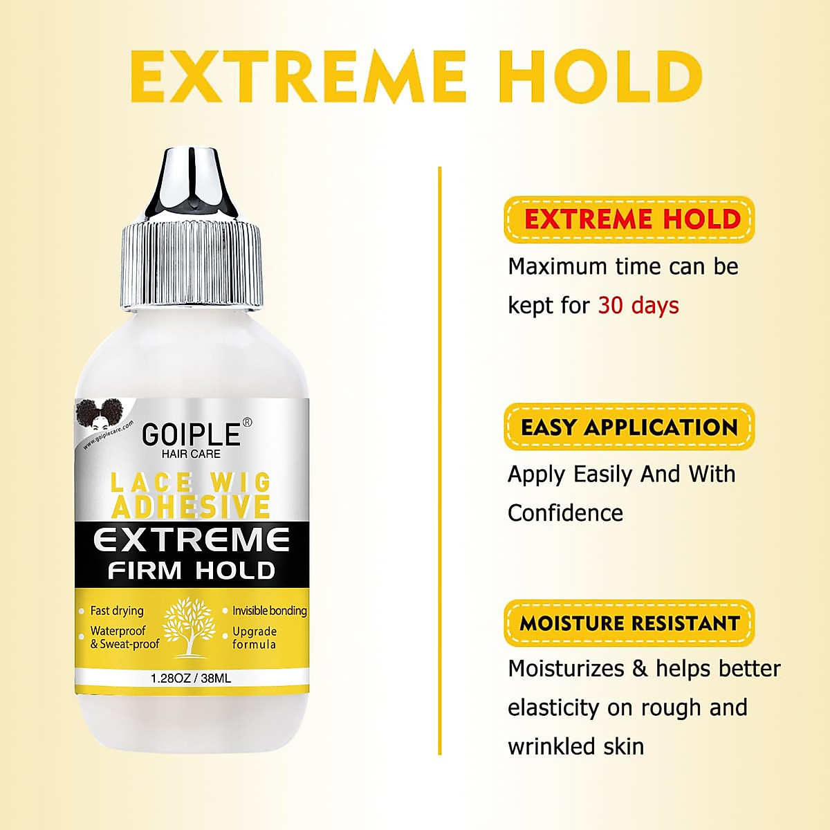 Wig Glue 1.28OZ, Waterproof Lace Front Wig Glue for Wigs with Tools and Hair Wax Stick (Wig Glue/Wig Glue Remover/Hair Wax Stick/Edge Control Wax/Elastic Band/Hair Dual Drush/Wig Caps)