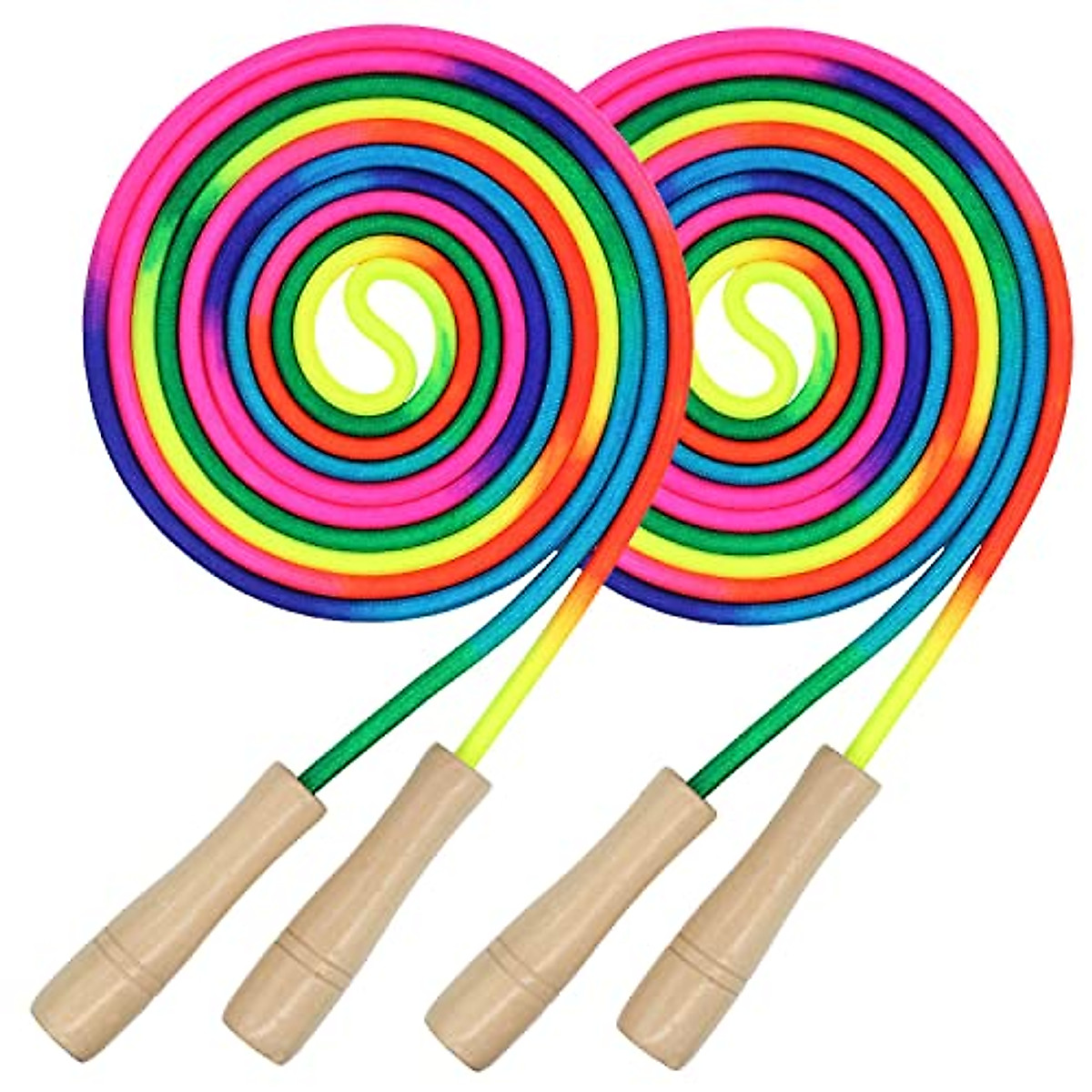 16 FT Long Jump Rope for Kids, 2 Pack Adjustable Double Dutch Skipping Rope with Wooden Handle, Multiplayer Rainbow Jumping Rope for Outdoor Fun, School Sport, Party Game