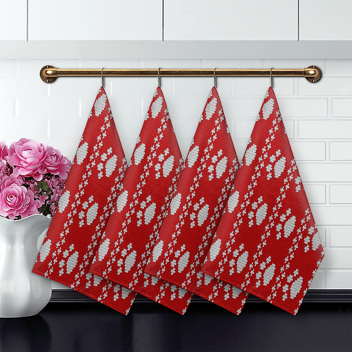 Christmas Pattern Red Paw Print Kitchen Towels and Dishcloths Set of 4-17.7" x 28.3" Absorbent Dish Towels with Hanging Loop Hand Towel for Farmhouse Bar Towels & Tea Towels