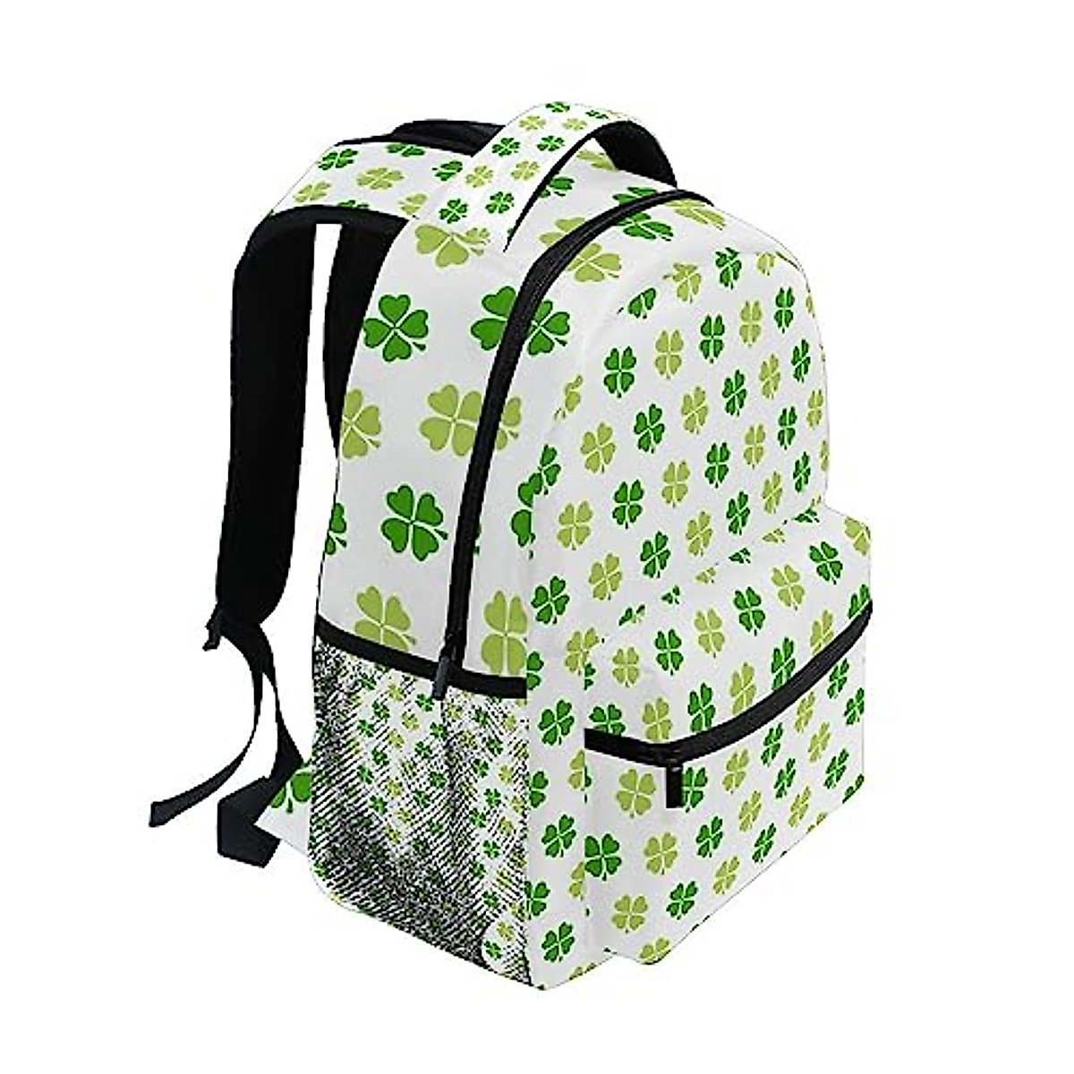 Backpack Patrick's Day Clover Leaves Shamrock Green White Daypack Shoulder Bag with Name Label Tag for Travel Hiking Casual Camping Sports Gym