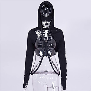 win2win Skeleton Hoodie Gothic Tops For Women Rave Top Punk Crop Top Sweatshirts Goth Mask Emo Black Festival Clothing Cosplay