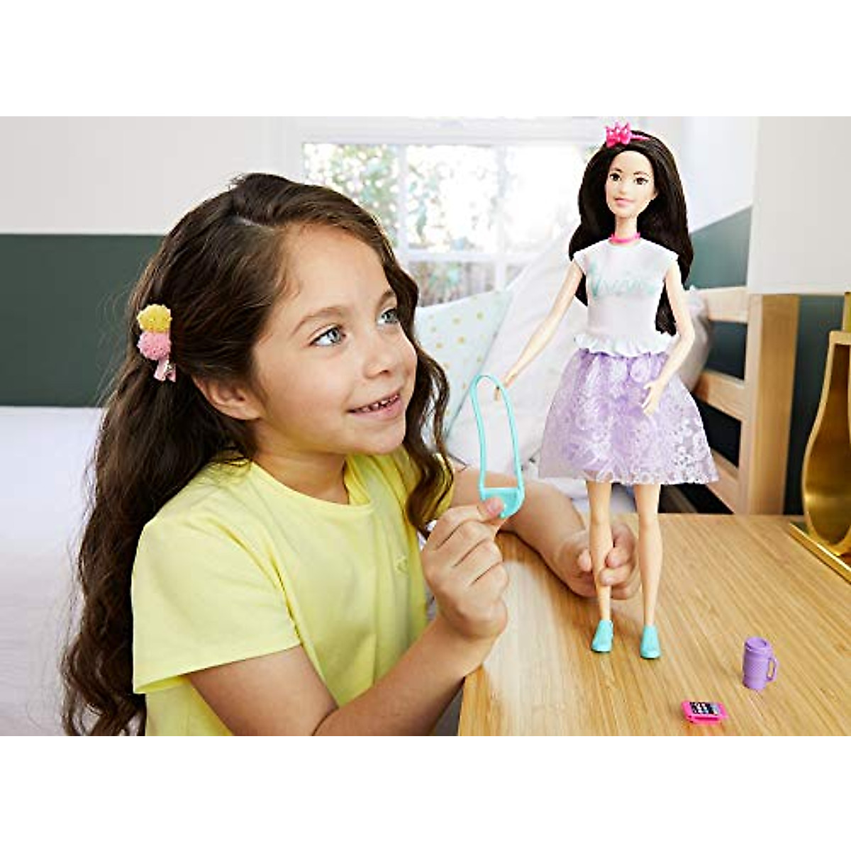 Barbie Princess Adventure Renee Doll (12-inch Brunette) in Fashion and Accessories, with Smart Phone, Purse, Travel Mug and Tiara, Gift for 3 to 7 Year Olds