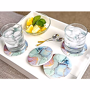 HSEHLD Marble Coasters for Drinks, Geode Coasters, Agate Coaster Large Absorbent, Water Absorbing Coasters for Glass Table Top - Large 4 inch Size, Set of 6 (Mint Green Marble)
