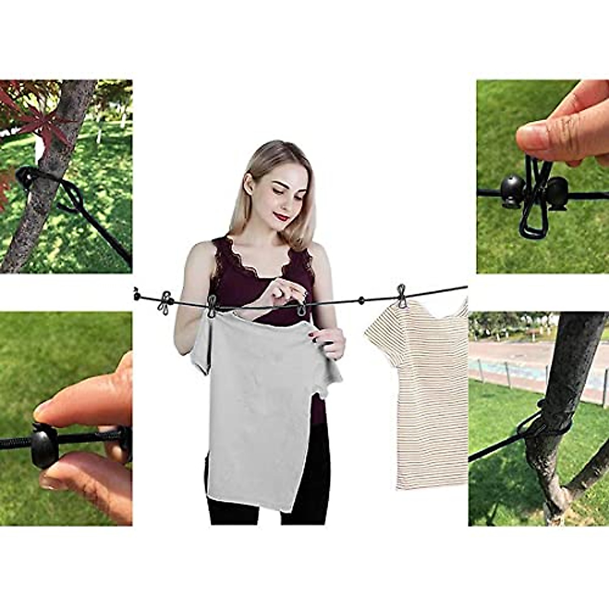 Portable Clothesline with 12pcs Clips, Windproof Travel Camping Clothes line Retractable Elastic Laundry Drying Clothes Line for Backyard, Hotel, Outdoor and Indoor Use, 2 Pack (Black+Blue)