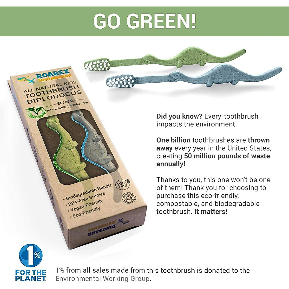 ROARex® All-Natural Eco Friendly Kids Toothbrush Made from Plants - Dinosaurs 4-36m - Baby to Toddler - Blue/Green - 4pk | 1% for The Planet Product