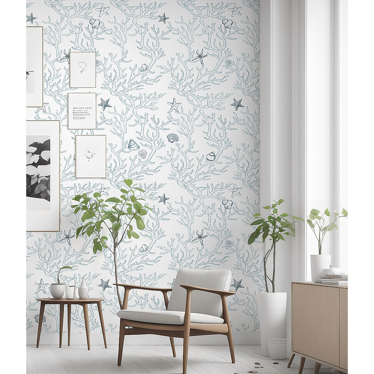 Akywall Ocean Wallpaper Peel and Stick White and Blue Contact Paper Textured Sea Coral Starfish Shells Self Adhesive Vinyl Roll Stick on Wallcovering Cute for Home Decor 78.7in